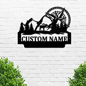 Gotstorms Custom Mountains Deer Compass Metal Wall Art, Personalized Mountains Deer Name Sign Decoration for Room, Deer Home Decor, Custom Deer
