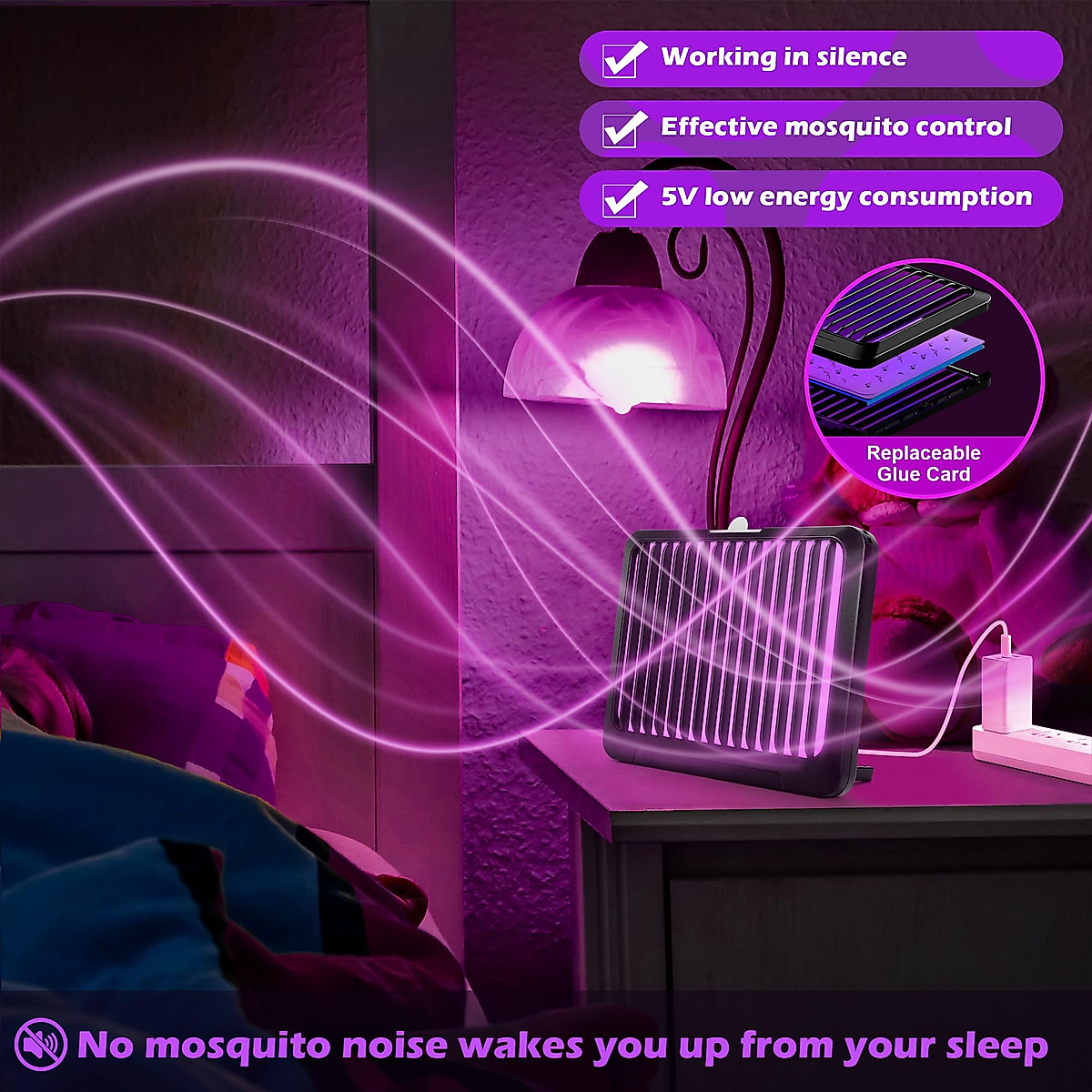 Effective LED Gnats Traps Indoor for Home, Mosquito Traps Indoor for Fruit Flies, Pests, Moths, Flying Insect Trap Indoor for Stop Mosquito Bites, Black [Fly Trap+6 Glue Card]