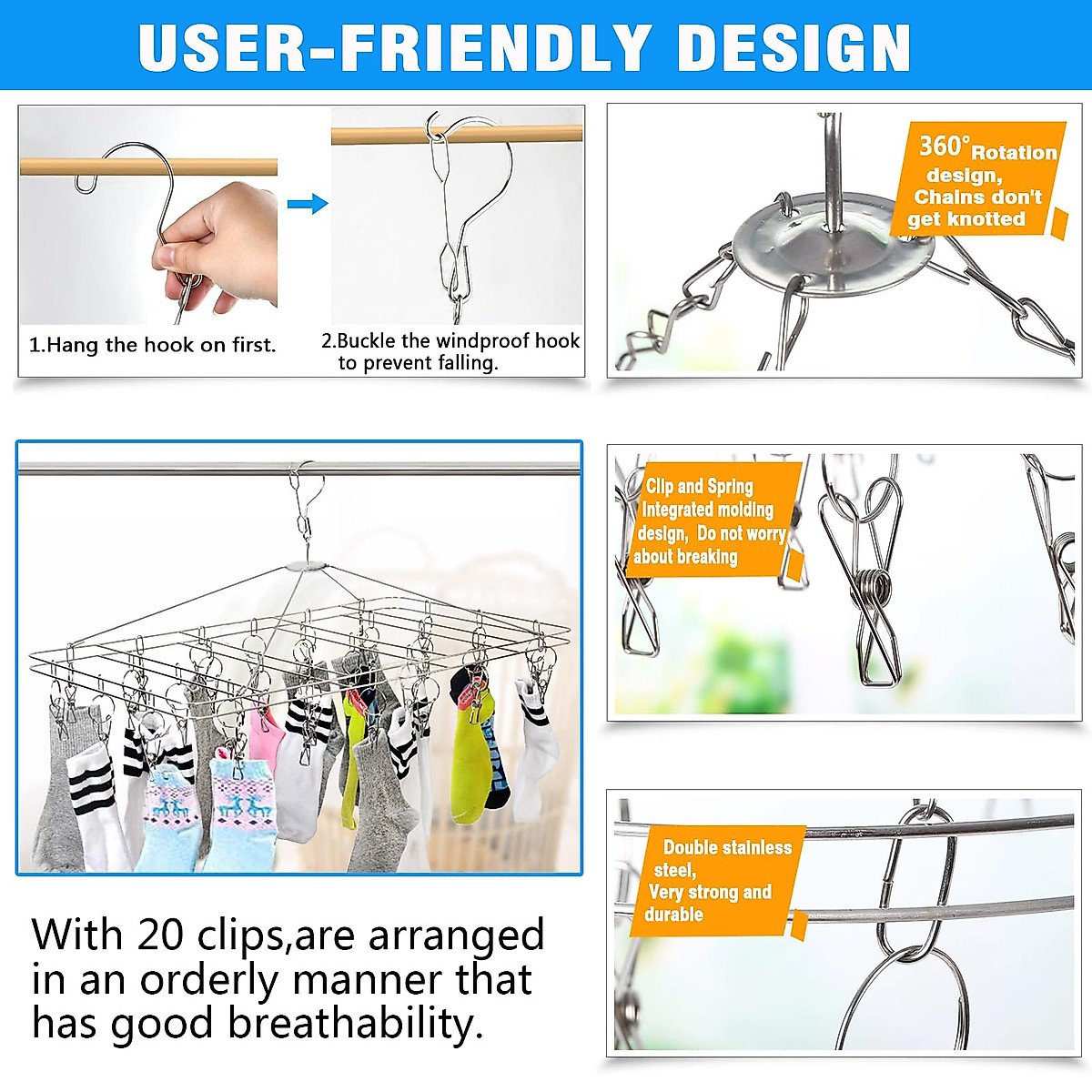 SYJINHUASY Tainless Steel Sock Drying Rack with 20 Clips, Stainless Steel Space-Saving Dryer Rack Washline for Sock,Underwear Etc Small Laundry Items (Stainless Steel-Square)