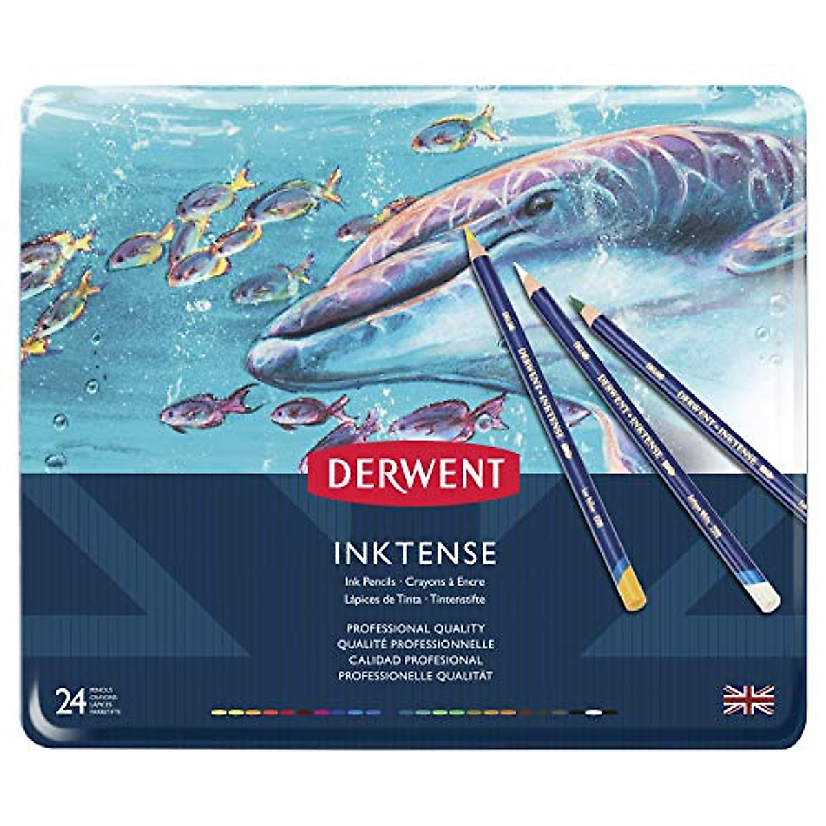 Derwent Inktense Pencils Tin, Set of 24, Great for Holiday Gifts, 4mm Round Core, Firm Texture, Watersoluble, Ideal for Watercolor, Drawing, Coloring and Painting on Paper and Fabric (0700929)