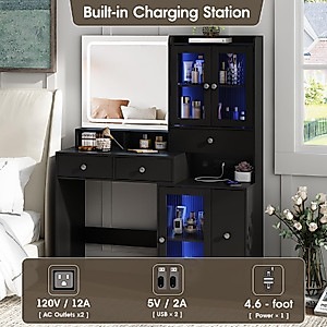 Fameill Makeup Vanity Desk with Mirror and Lights, Black Makeup Vanity with 4 Drawers and Charging Station, Vanity Table with RGB Cabinet, Dressing Table for Bedroom