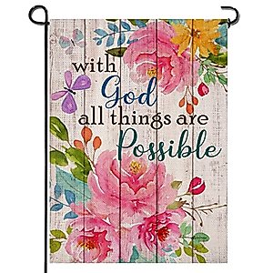 Artofy with God all Things are Possible Spring Home Decorative Garden Flag, Summer House Yard Religious Outdoor Peony Flower, Fall Inspirational Butterfly Faith Outside Farmhouse Small Decor 12 x 18