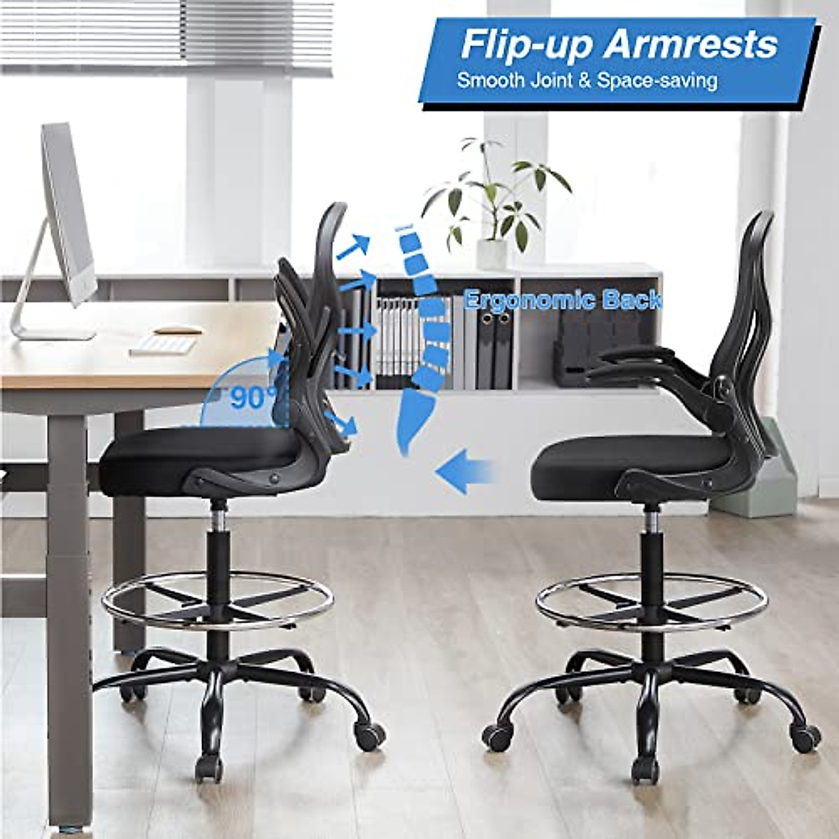 Fefances Drafting Chair Tall Office Chair for Standing Desk Chair Adjustable Height Stool Chair Black