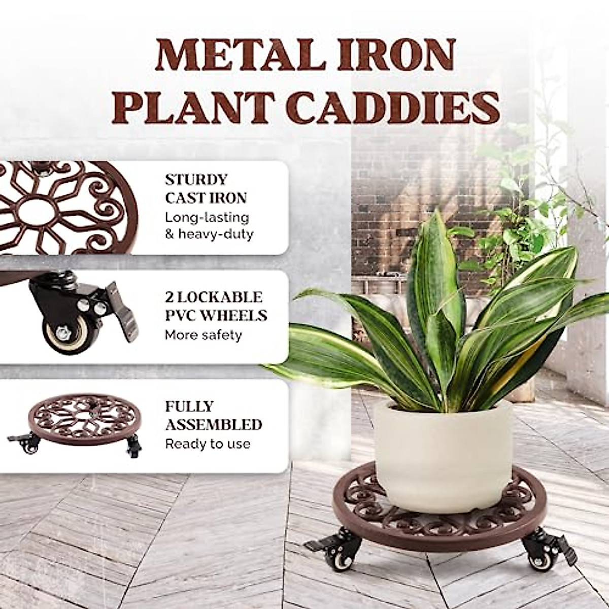 Idzo Cast Iron Caddy Plant Dolly with Lockable Caster Wheels for Indoor Outdoor Holds up 380 Lbs Pots Planter, 12 inch, Round Metal