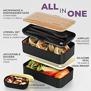 Premium Bento Lunch Box with Insulated Lunch Bag - Box Includes Sauce Cup, Divider, Cutlery & Chopsticks - Bag Made of Durable Materials, Variable Strap/Handler, Wide Opening - Zero Waste & Food-Safe