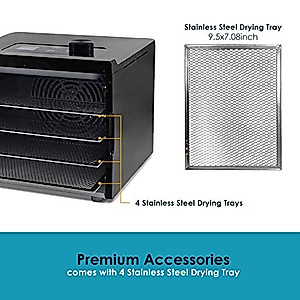 Elite Gourmet Food Dehydrator, Stainless Steel Trays Food Dehydrator, Adjustable Temperature Controls, Jerky Herbs Fruit Veggies Snacks, Black, 4 Trays (EFD308#)