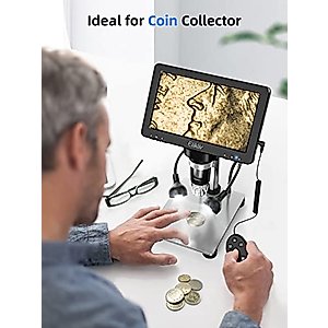 Elikliv 7" LCD Digital Microscope 1200X, 1080P Coin Microscope with Wired Remote, 12MP Ultra-Precise Focusing, 10 LED Fill Lights, PC View, Metal Stand, Windows/Mac Compatible, 32GB
