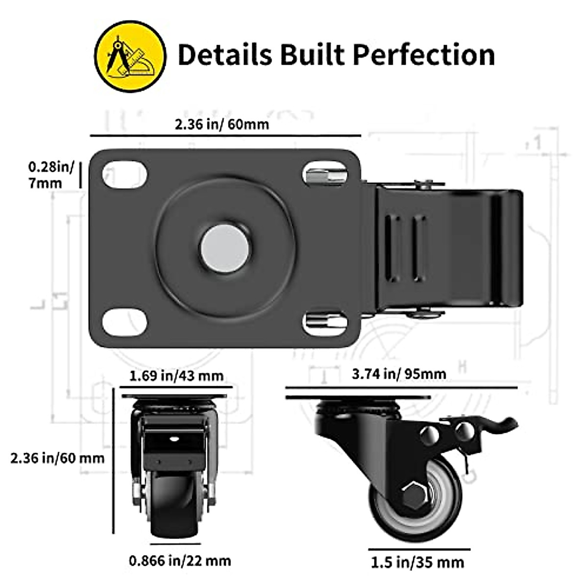 Amminle 1.5 Inch Swivel Casters, 1.5" Heavy Duty Plate Caster Wheel with 400 lbs Load, Dual Locking with 360 Degree Rotation, No Noise Locking Casters Set of 4 with Screws and a Screwdriver