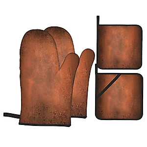 Oven Mitts and Pot Holders Sets of 4 Paint Hammered Abstract Orange Brown Vintage Aged Copper Burnt Dirty Dark Antique Polyester Oven Mitts with Oven Gloves and Hot Pads Potholders for Kitchen BBQ