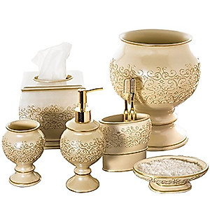 Creative Scents Bathroom Trash Can – Decorative Wastebasket - Durable Resin Waste Paper Basket - Space Friendly Bath Rubbish Dust Bin, Gold and Beige Bathroom Accessories (Shannon Style)