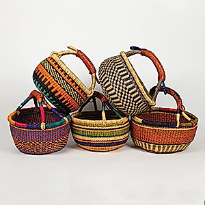 Bolga Zaare Market Basket, Handmade in Ghana Africa by Women Artisans (Colorful, Small) (10"-11" Diameter x 6"-7" H) (1 Basket)