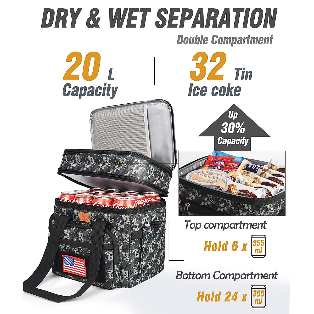 CaCTOUR Tactical Lunch Box for Men, Expandable Heavy Duty Double Deck Tactical Lunch Bag with Shoulder Strap, Leakproof & Insulated Lunch Cooler Bag for Adult Work Fishing Picnic Travel,20L,Camo-Black