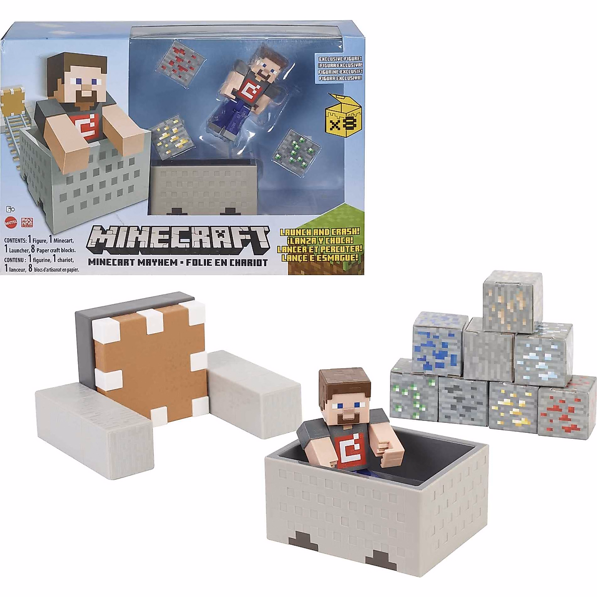 Minecraft Minecart Mayhem Playset With Steve Character Figure, Launching Cart And Accessories, Creation, Exploration And Survival Game For Kids Ages 6 Years And Older