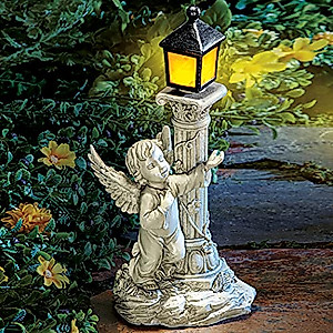 Collections Etc Solar Powered Light-up Lantern with Cherub Figurine - Intricate Carved Details in Cherub and Light Post Displays, Resin Material Safe for All Weather, Silver