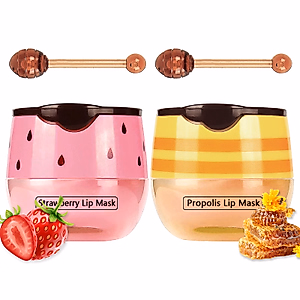2PCS Bee Lip Balm Honey Pot & Strawberry Vitamin E Lip Sleep Masks Hydrating Prevention Dry and Cracked Lip Scrubs Exfoliator, Reduces Lip Lines，Lip Exfoliating Balm Sleeping Lip Mask