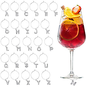 Junkin 26 Pcs Letters Wine Charms for Stem Glasses Wine Glass Charms Markers Tags Metal Letters Glass Charms with 26 Rings for Bachelorette Cocktail Champagne Family Gathering Party Favor Decoration