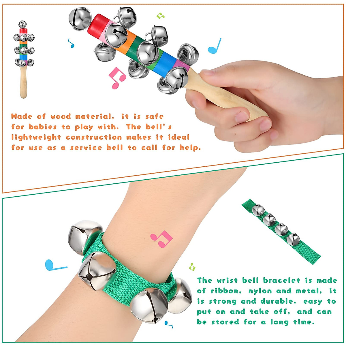 MILISTEN 3 Sets of Christmas Hand Jingle Bells and Band Wrist Bells, Hand Bells Ankle Bells, Wooden Handle Rainbow Bells Shaker Rattles, Hand Percussion for Christmas