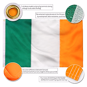 XIFAN Premium Nylon Ireland Irish Flag 3x5 Outdoor, Double Sided Heavy Duty 210D Nylon Irish National Country Flags, Strongest Longest Lasting with Sewn Stripes/4 Stitch Hemming/Brass Grommets