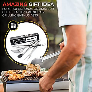 Legends Market BBQ Grill Tools Set - 4-Pcs BBQ Accessories with Grill Tongs, Spatula, Forks, Brush - Heavy Duty Stainless Steel Grill Accessories - Men Gifts Outdoor Grill Sets