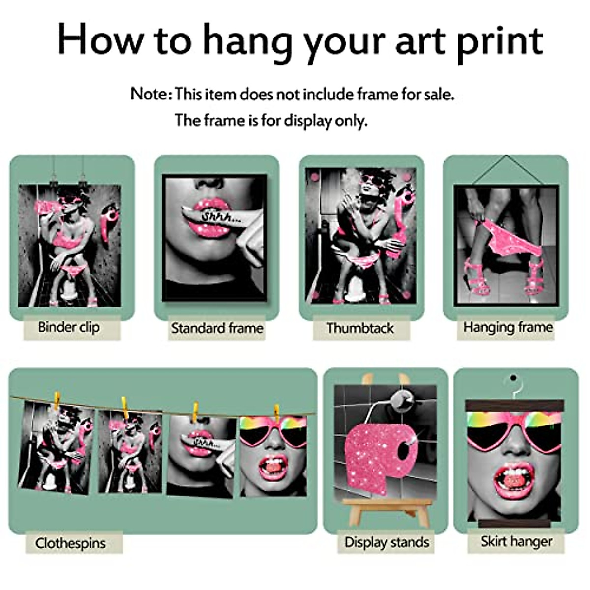 Luodroduo Fashion Wall Art Bathroom Decor Prints Set of 6 Pink Glam Glitter Tissue Canvas Posters Pictures Photos Funny Modern Women Bathroom Toilet Artwork Wall Black and White (8"x10" UNFRAMED)