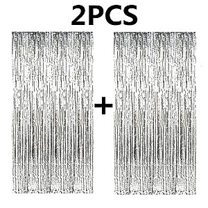 Fecedy 2pcs 3ft x 8.3ft Silver Metallic Tinsel Foil Fringe Curtains Photo Booth Props for Birthday Wedding Engagement Bridal Shower Baby Shower Bachelorette Holiday Celebration Party Decorations