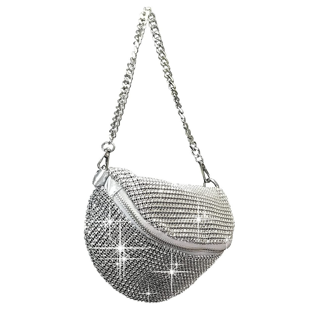 Zzfab Mesh Bing Fanny Crossbody Bags Rhinestone Clutches bling Evening Purse for Wedding and Prom Silver