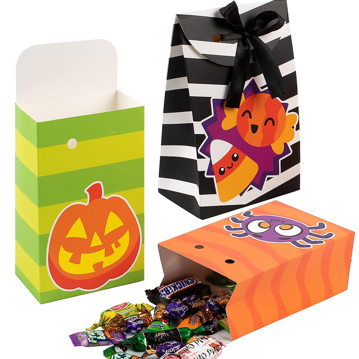 JOYIN Halloween Candy Bags Treat Boxes-12 Pieces Halloween Paper Bags Trick or Treat Halloween Sweet Goodie Bags with Ribbon, Halloween Party Favors Gift Bags