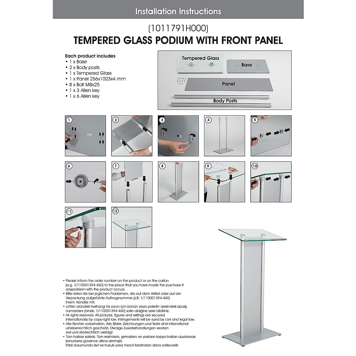 M&T Displays Tempered Clear Glass Conference Podium Stand with Aluminum Front Panel Silver Aluminum Body and Base 43.9 Inch Height Floor Standing Lectern Pulpit Desk for Classroom Church