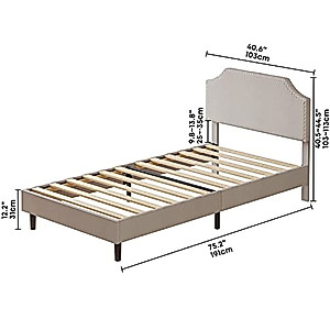 LIKIMIO Twin Bed Frames, Upholstered Platform Bed Frame with Height Adjustable Headboard with Nailhead Trim, No Box Spring Needed/Wood Slat Support/Noise-Free, Beige