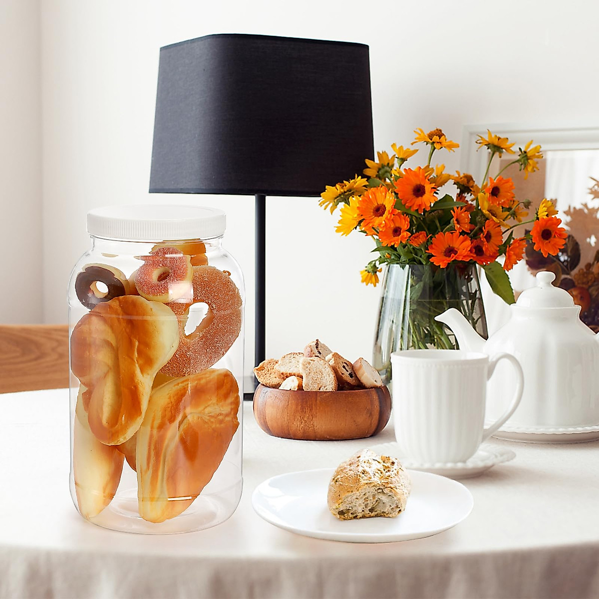 ZOOFOX 2 Pack Plastic Jars with Lids, 1 Gallon Wide Mouth Storage Containers, Empty Plastic Jars for Kitchen & Household Storage of Dry Goods, Peanut, Candy, Noodles