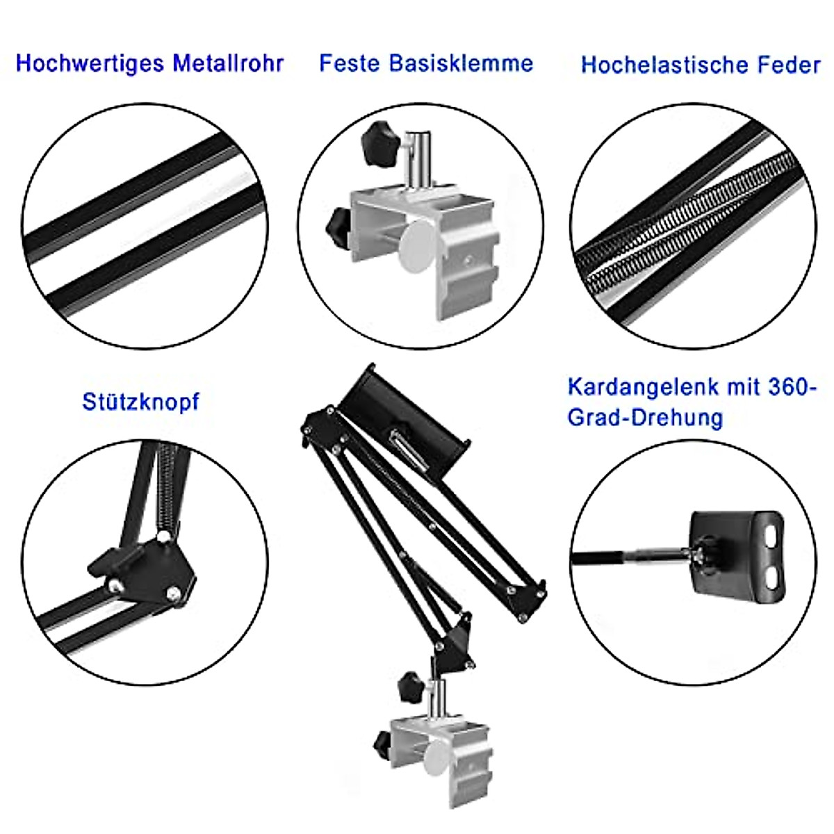 Tablet Stand for Bed, Adjustable and Foldable Tablet Stand Holder with 360 Degree Rotation for iPhone iPad Cellphone Tablet Kindle Fire, or Other 4.7-12.9 inch-Screen Devices (Black)(Extended Arm)