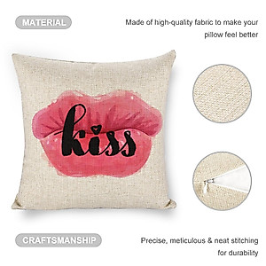 Pink Lipstick Watercolor Throw Pillow Covers 18×18 Pillowcases Set of 1 Kiss Valentine Mouth Linen Decorative Square Pillow Case Cushion Covers Standard Size for Sofa Couch Outdoor Bed Pillow Protecto