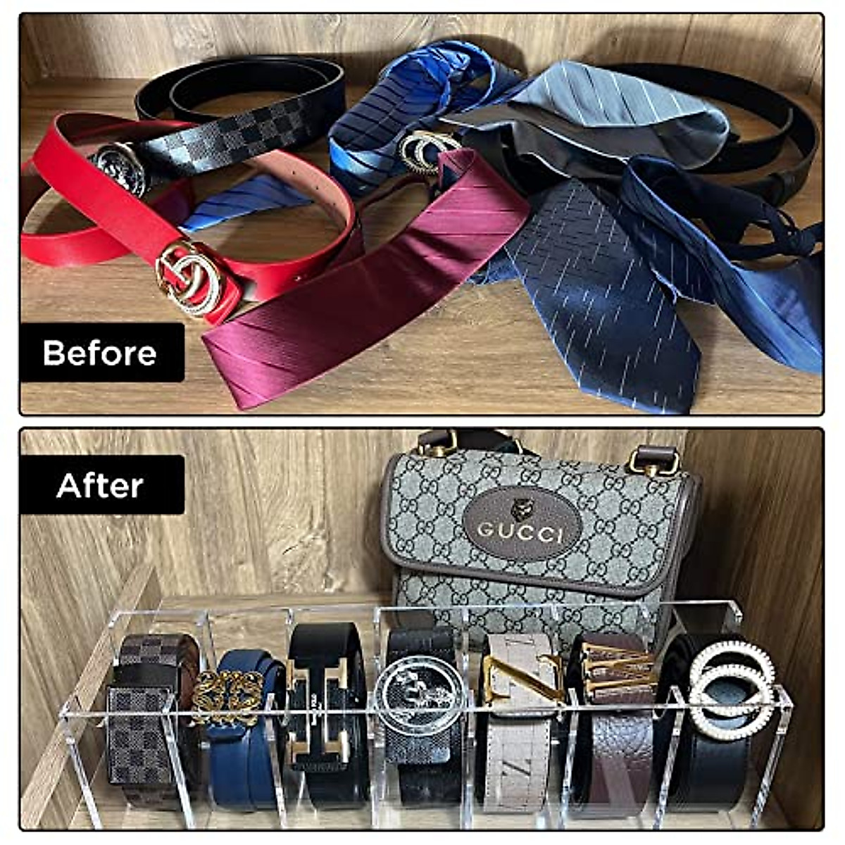 Kweetle Belt Organizer 7 Compartments, Clear Belt Holder Display Case Acrylic Belt Organizer for Closet, Tie