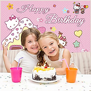 Kawaii Kitty Birthday Party Supplies, Happy Birthday Backdrop for Kawaii Theme Party, 5 x 3 FT Cute Kitty Photography Background Banner for Girls Boys Birthday Party Decorations