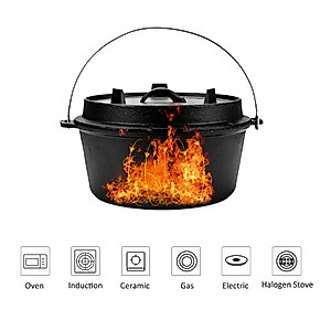 DARTMOOR 9 Quart Pre-Seasoned Cast Iron Dutch Oven with Lid and Lid Lifter Tool Outdoor Deep Camp Pot for Camping Fireplace Cooking BBQ Baking Campfire 9 QT