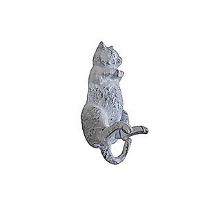 Handcrafted Nautical Decor Whitewashed Cast Iron Happy Fat Cat Decorative Metal Wall Hook 6"