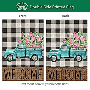 CROWNED BEAUTY Spring Garden Flag Blue Green Truck Floral Welcome 12×18 Inch Double Sided Outside Vertical Buffalo Plaid Holiday Yard Décor