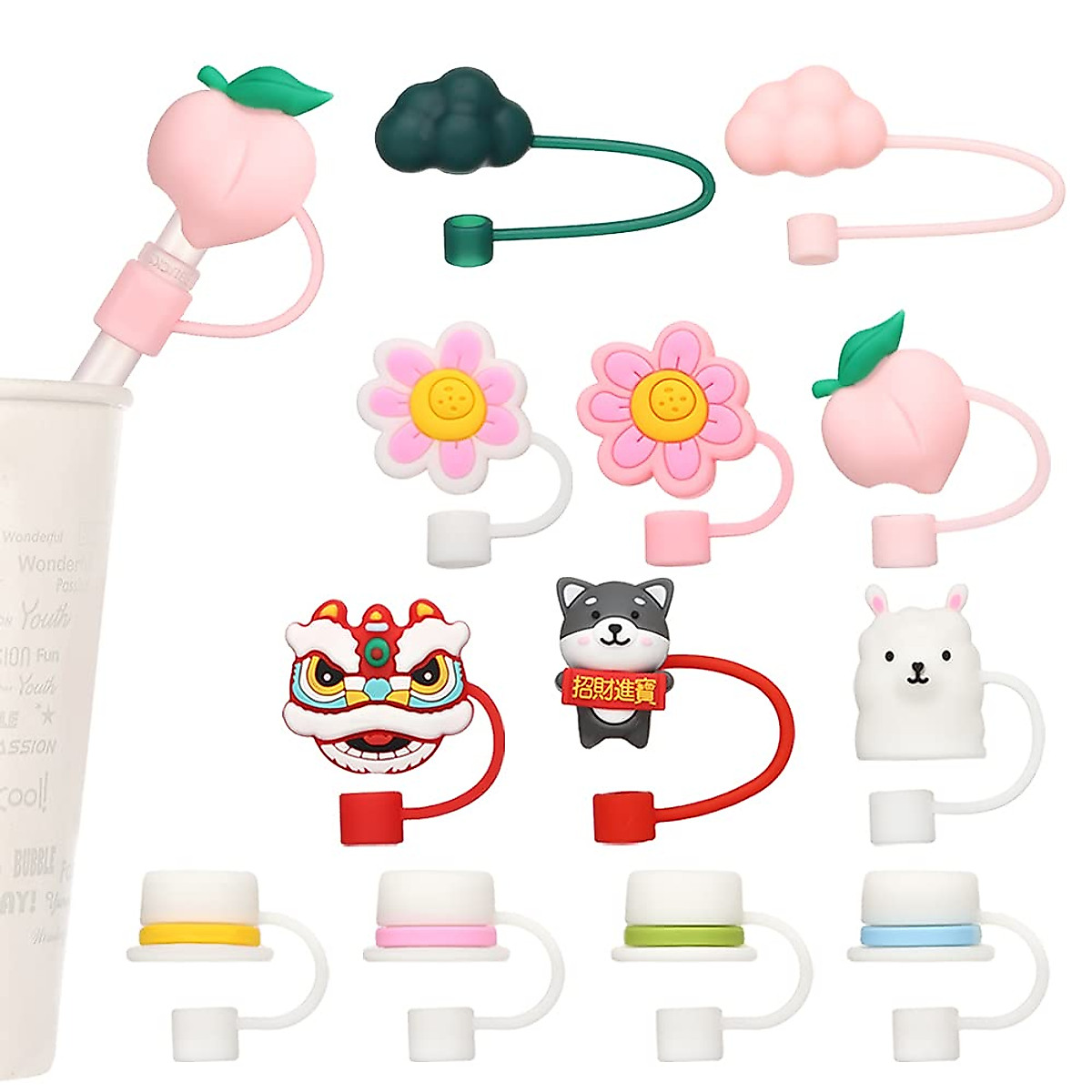 Beyonday Cute Silicone Straw Plug, Reusable Drinking Dust Caps, Cartoon Plugs Cover, Splash Proof Straw Tips, Cup Straw Accessories (Peach)