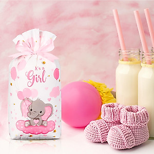 Chiisong 50 Pcs Baby Shower Treat Bags with Bow Plastic Baby Drawstring Candy Goodie Bags Baby Shower Party Favor Gift Bags for Boy Girl Birthday Gender Reveal Party 9 x 6 x 2 Inch(Pink Elephant)
