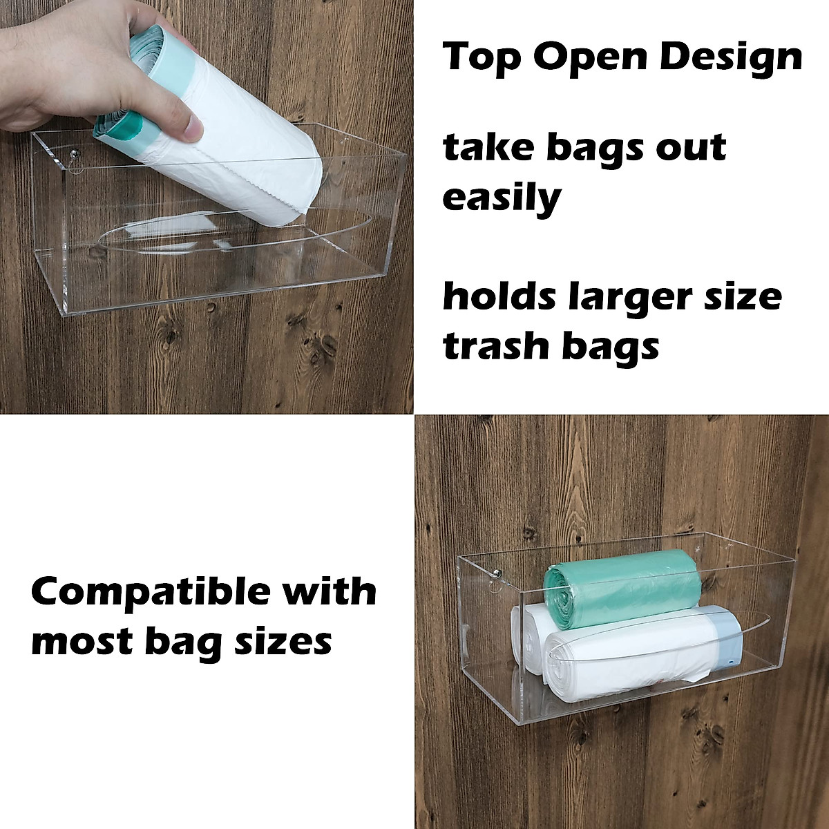 SEANADO Trash Bag Dispenser Holder, Wall Mount Acrylic Kitchen Single Side Loaded Organizer Storage Box Holder for Garbage Bag Grocery Bag Plastic Bag(10 x 4.7X 4inches)
