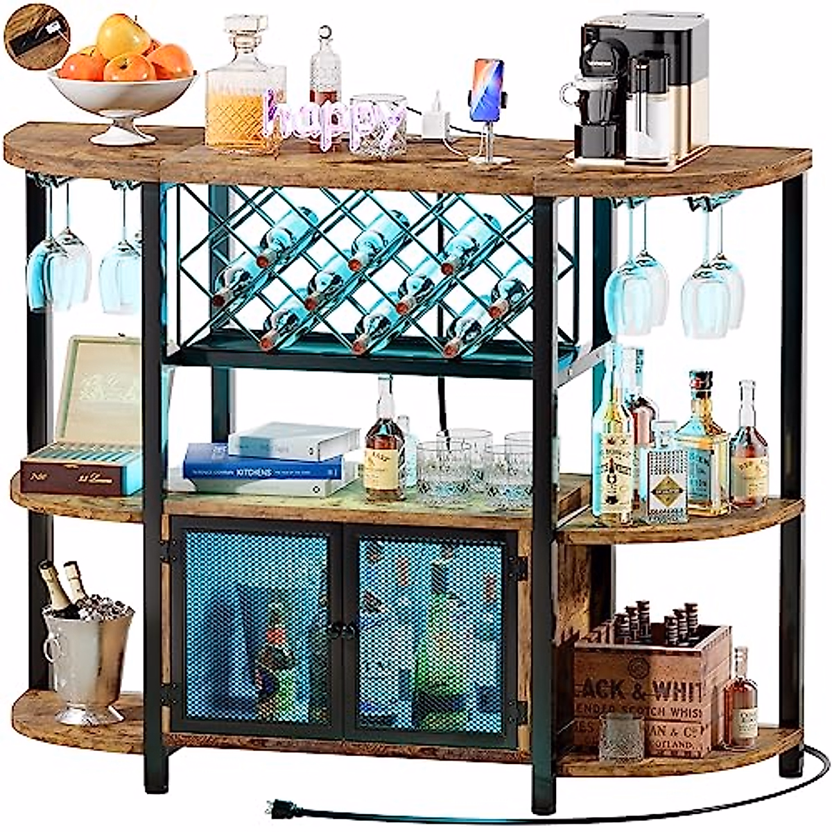 Unikito Freestanding Wine Bar Cabinet with LED Lights and Power Outlets, Industrial Coffee for Liquor Glasses, Mesh Door, Table Rack, Rustic Brown
