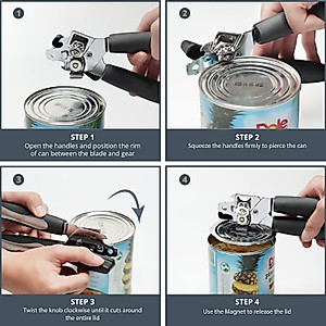 Can Opener Manual Handheld With Magnet, Lid-Lift Safety - Comfortable Anti-Slip Grip Handle And Big Turn Knob - Smooth Edge With Stainless Steel Sharp Blade - Heavy Duty Bottle Can Opener - Black