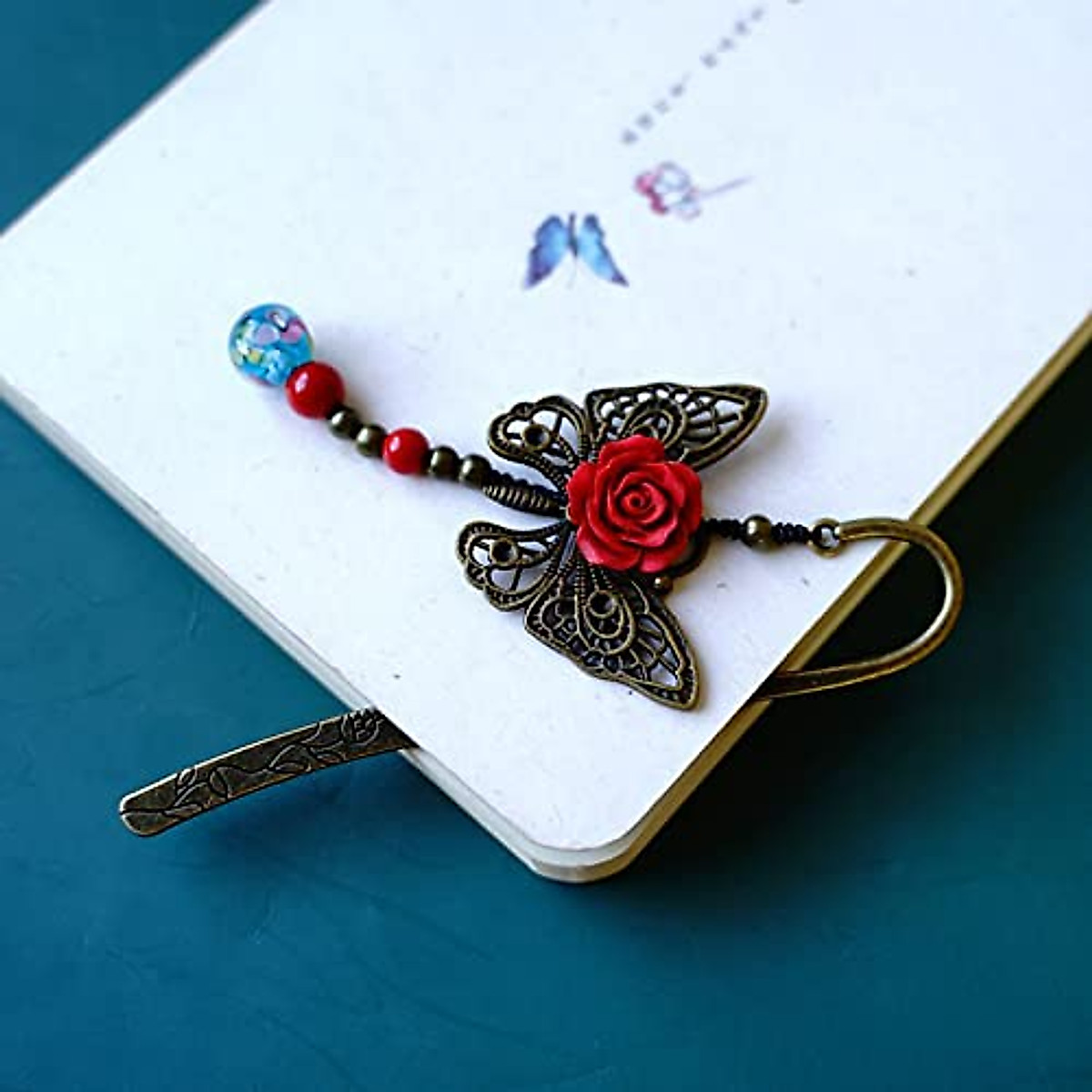 YIRUZWRD Classic Metal Bookmark Rose Flower Butterfly Design Bead Pendant Beading Bookmark