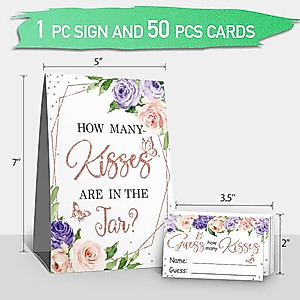 How Many Kisses Purple Floral Bridal Shower Party Game Raffle Cards Kit(1 Standing Sign-50 Guessing Cards) Purple Floral Baby Shower Game Cards Party Decorations Raffle Insert Ticket-5