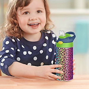 ALAZA Neon Rainbow Leopard Cheetah Kids Water Bottles with Lids Straw Insulated Stainless Steel Water Bottles Double Walled Leakproof Tumbler Travel Cup for Girls Boys Toddlers 12 oz / 350 ml,Green