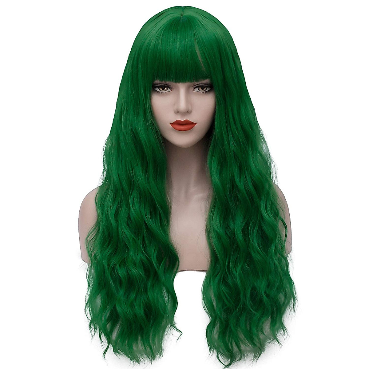 Sallcks Womens Long Curly Wavy Green Wig with Bangs Halloween Cosplay Costume Full Wigs Synthetic Fiber Green Hair Wigs with Wig Cap
