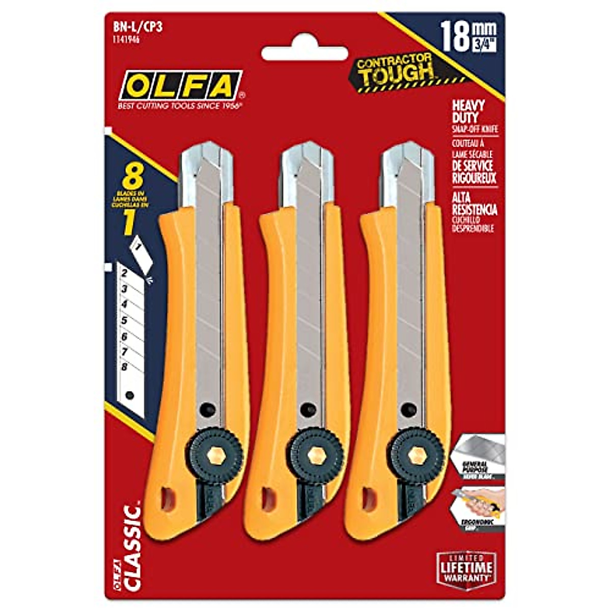 OLFA 18mm Heavy-Duty Utility Knife (BN-L/CP3) - Multi-Purpose Custom Cutting Depth Precision Knife w/Ergonomic Grip Handle & Snap-Off Blade, 3 Pack