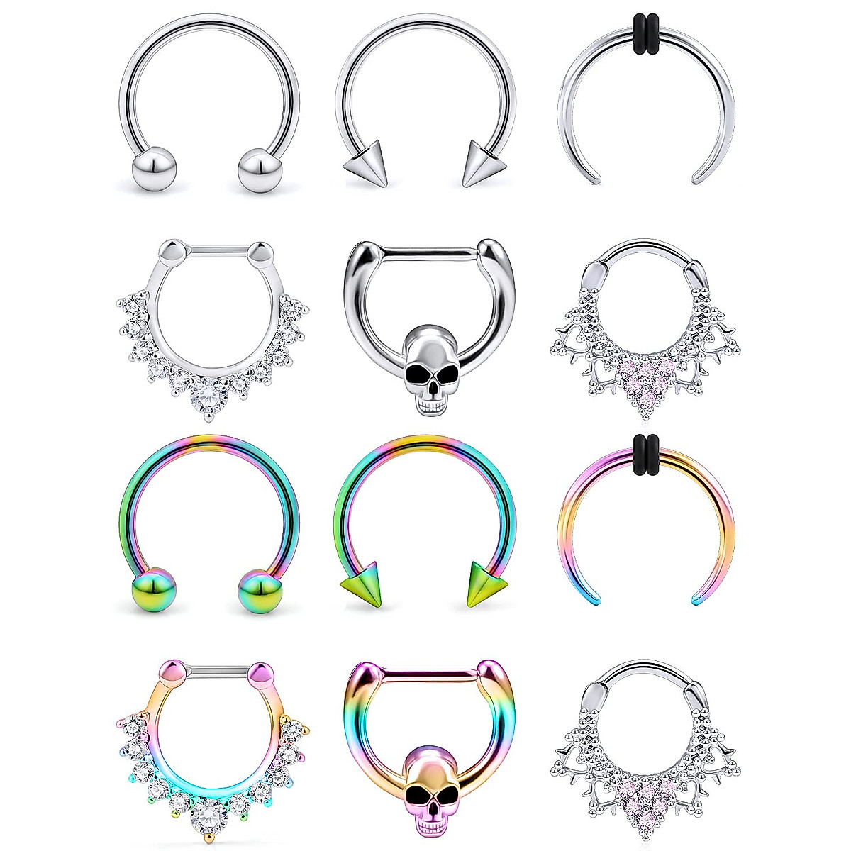Tvalccoy 16g Septum Clicker Nose Rings Daith Dathe Earrings Smiley 16 Gauge Cute Silver Rainbow Surgical Stainless Steel Horseshoe Hoop Piercing Jewelry for Women Men Hypoallergenic 10mm Pack