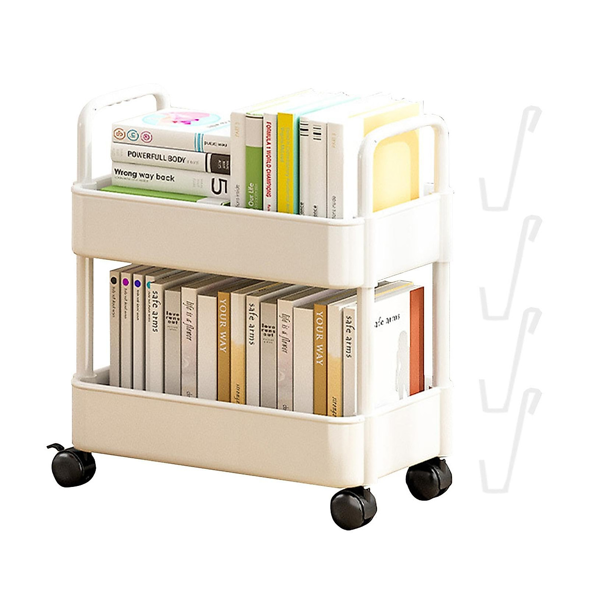 2 Tier Movable Bookcase, Book Cart Organizer, Utility Rolling Cart, 2 Tier Bookshelf with Wheel for Bedroom Living Room Home School, Kids Children Students