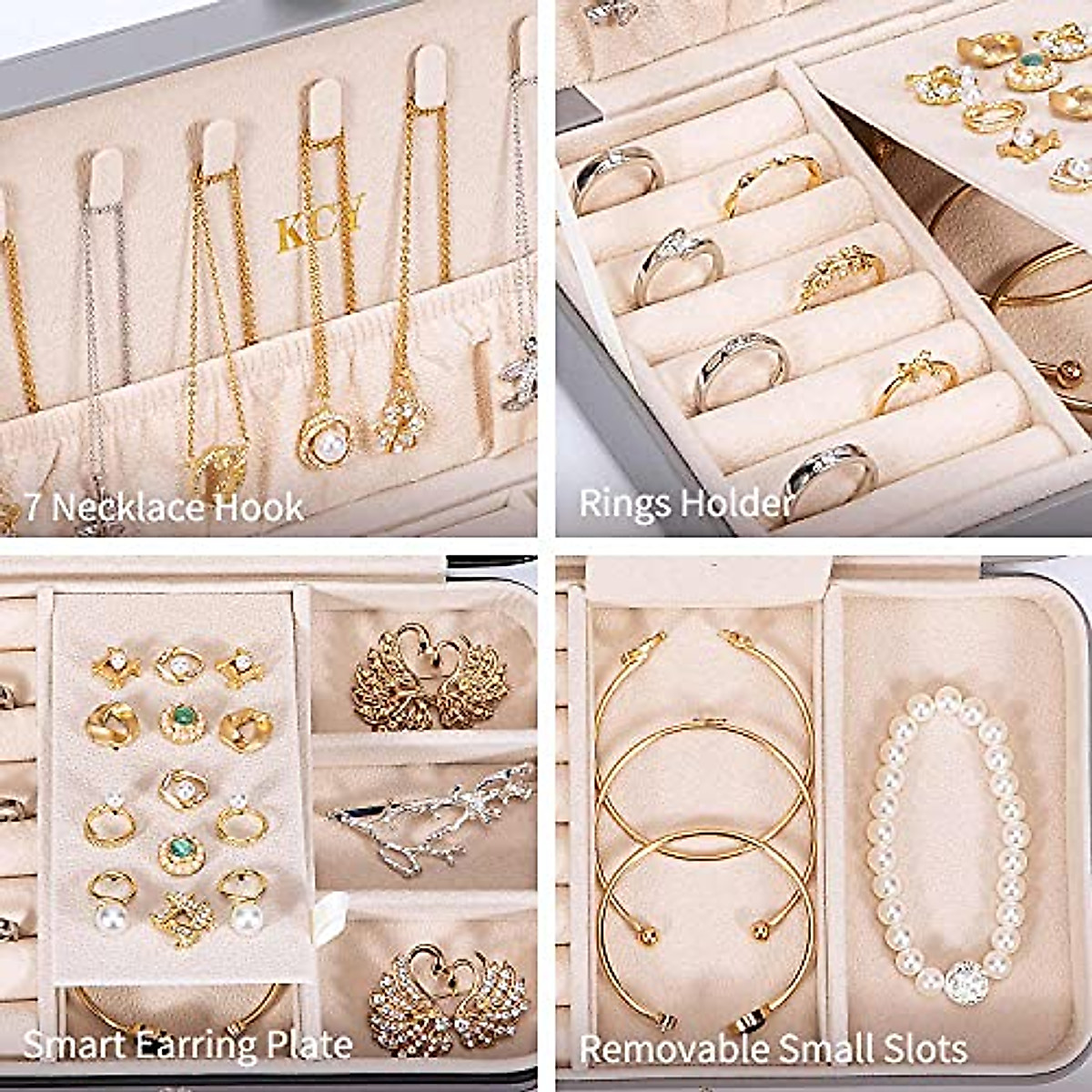 KCY Jewelry Box for Women Girls,Small Travel Jewelry Organizer Case,PU Leather Portable Jewellery Storage Boxes Display Holder for Ring Earrings Necklace Bracelet Bangle , Men Teen Kids Gift, Grey
